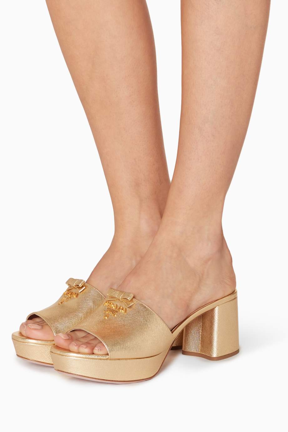 Shop Prada Gold Black Logo Block-Heel Mule for Women | Ounass UAE