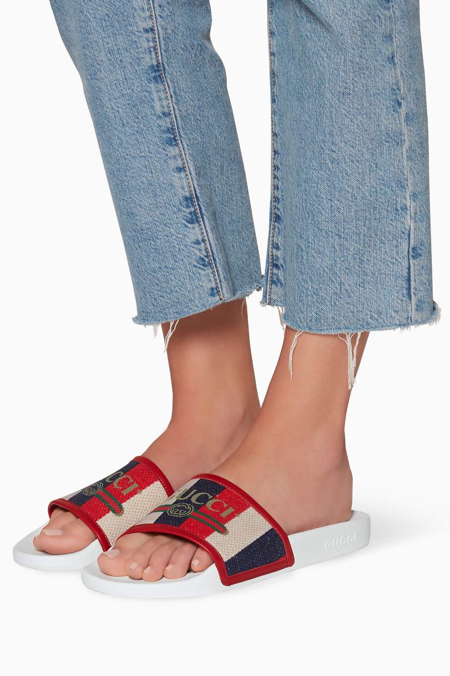 Shop Gucci Multicolour Red Logo Striped Sylvie Slide Sandals for Women ...