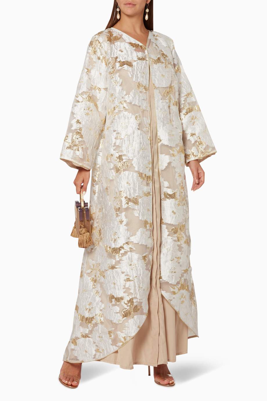 Shop Baruni White White & Beige Floral Brocade Kaftan Jacket for Women ...