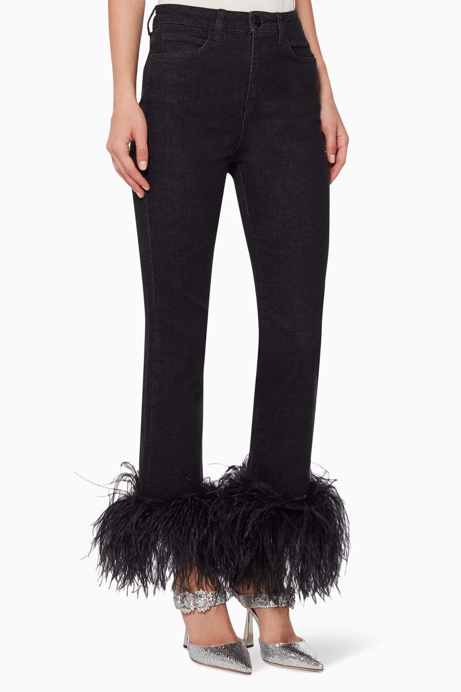 Shop 16 Arlington Black Feather-Trimmed Skinny Jeans for Women | Ounass UAE