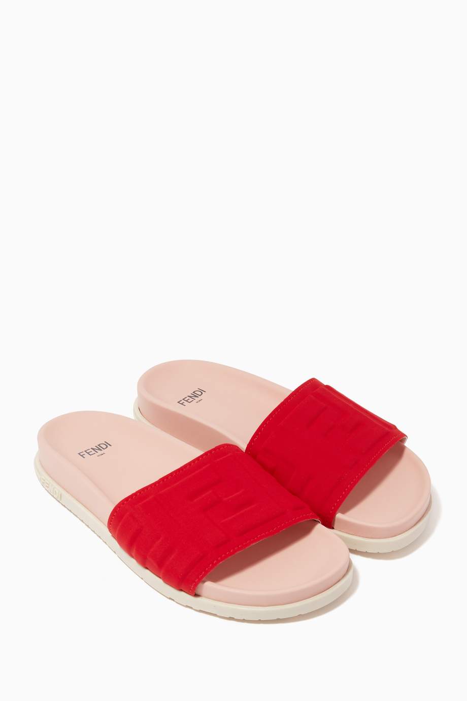 Shop Fendi Red Embossed Logo Pool Slides for Kids | Ounass UAE