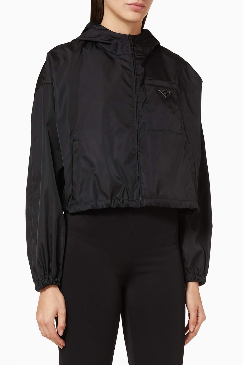 Shop Prada Black Triangle Logo Recycled Nylon Cropped Jacket for Women ...