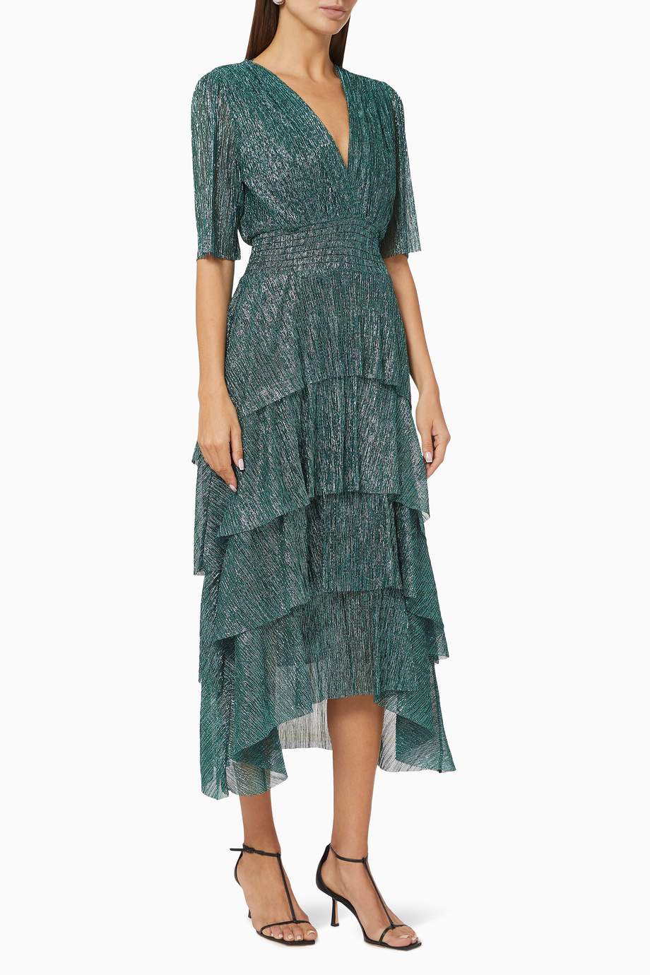 Shop Maje Green Ruffle Tiered Lurex Dress For Women Ounass Uae