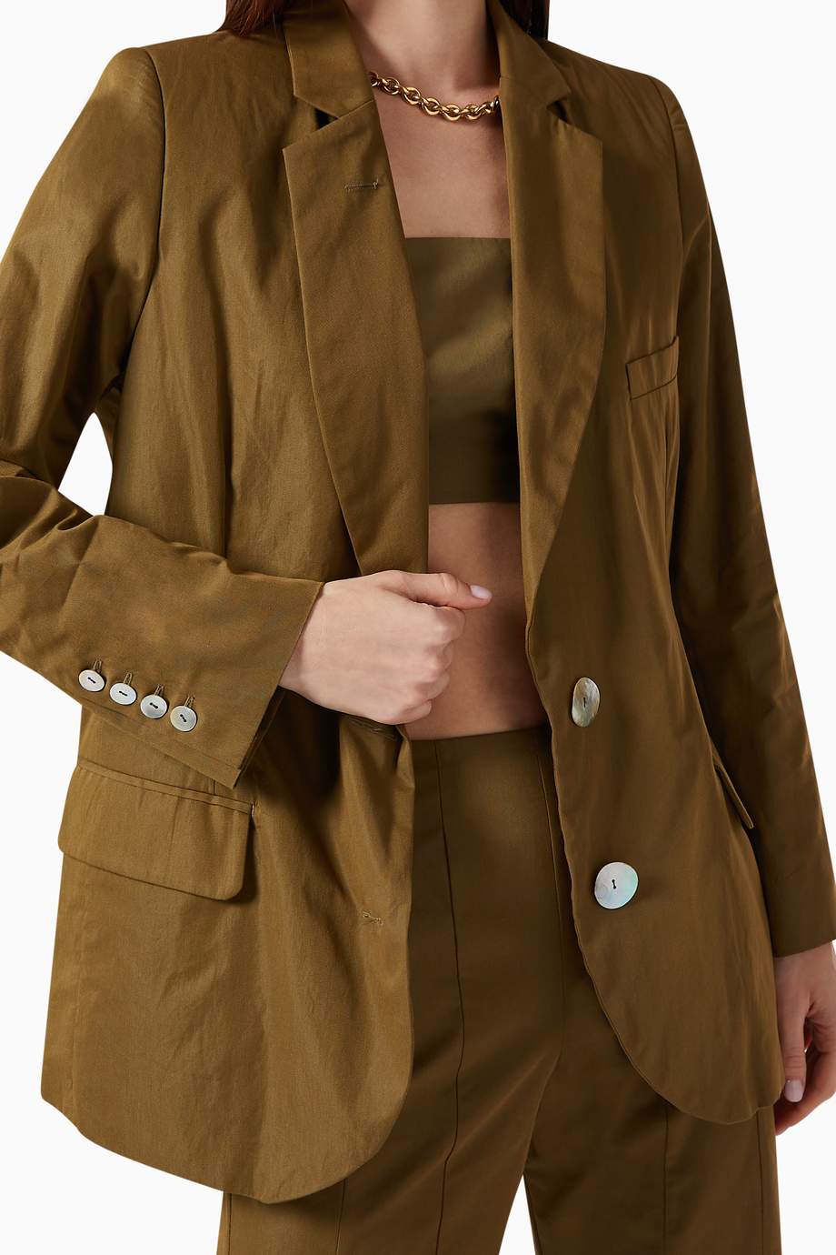 Shop Madiyah Al Sharqi Brown x Karen Wazen Mikayla Buttoned Blazer for ...