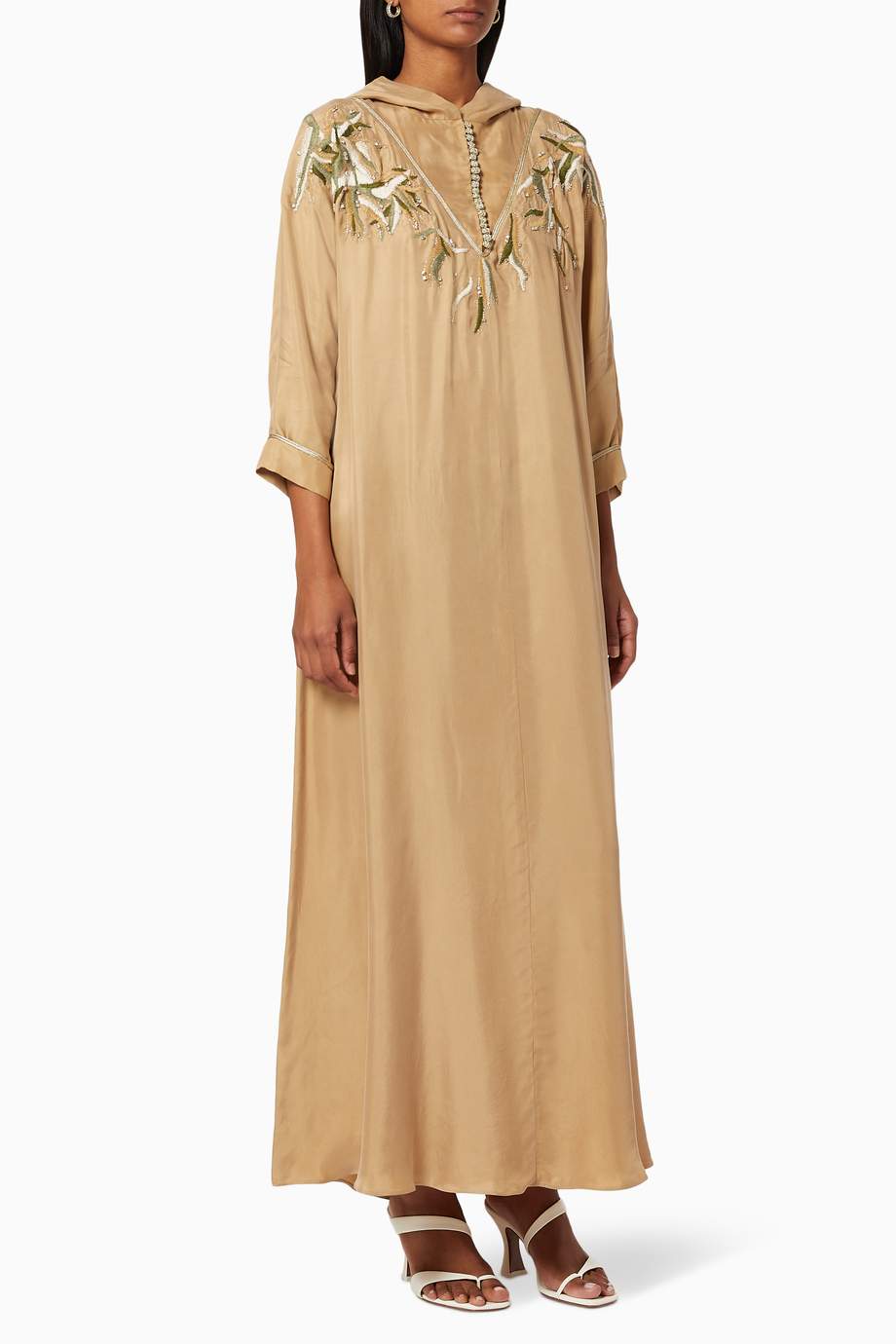 Shop SHATHA ESSA Neutral Embroidered Hooded Kaftan for Women | Ounass Saudi