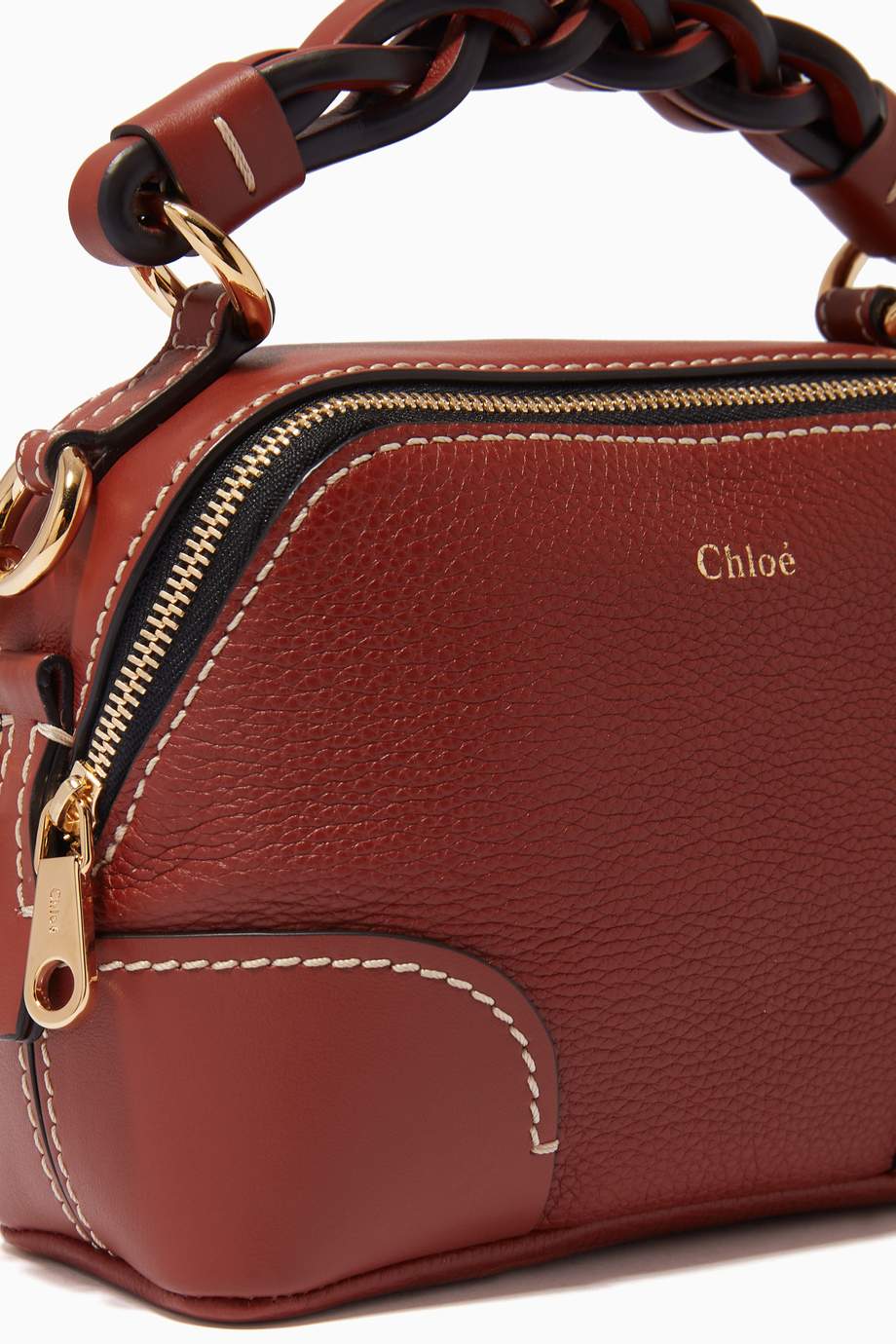 Shop Chloé Brown Mini Daria Shoulder Bag in Grained & Shiny Calfskin ...