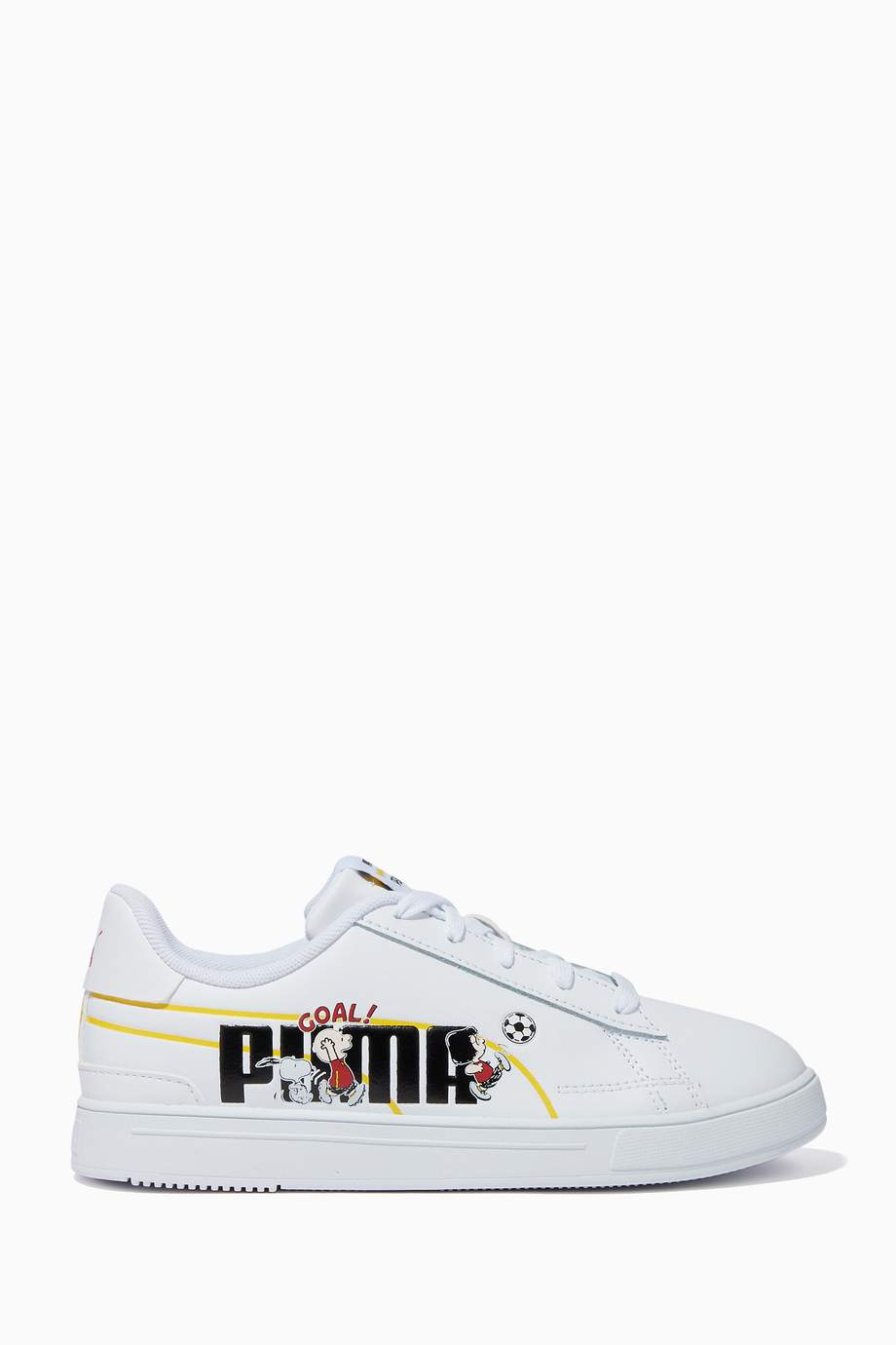Shop Puma White x PEANUTS Serve Pro Sneakers in Leather for Kids ...