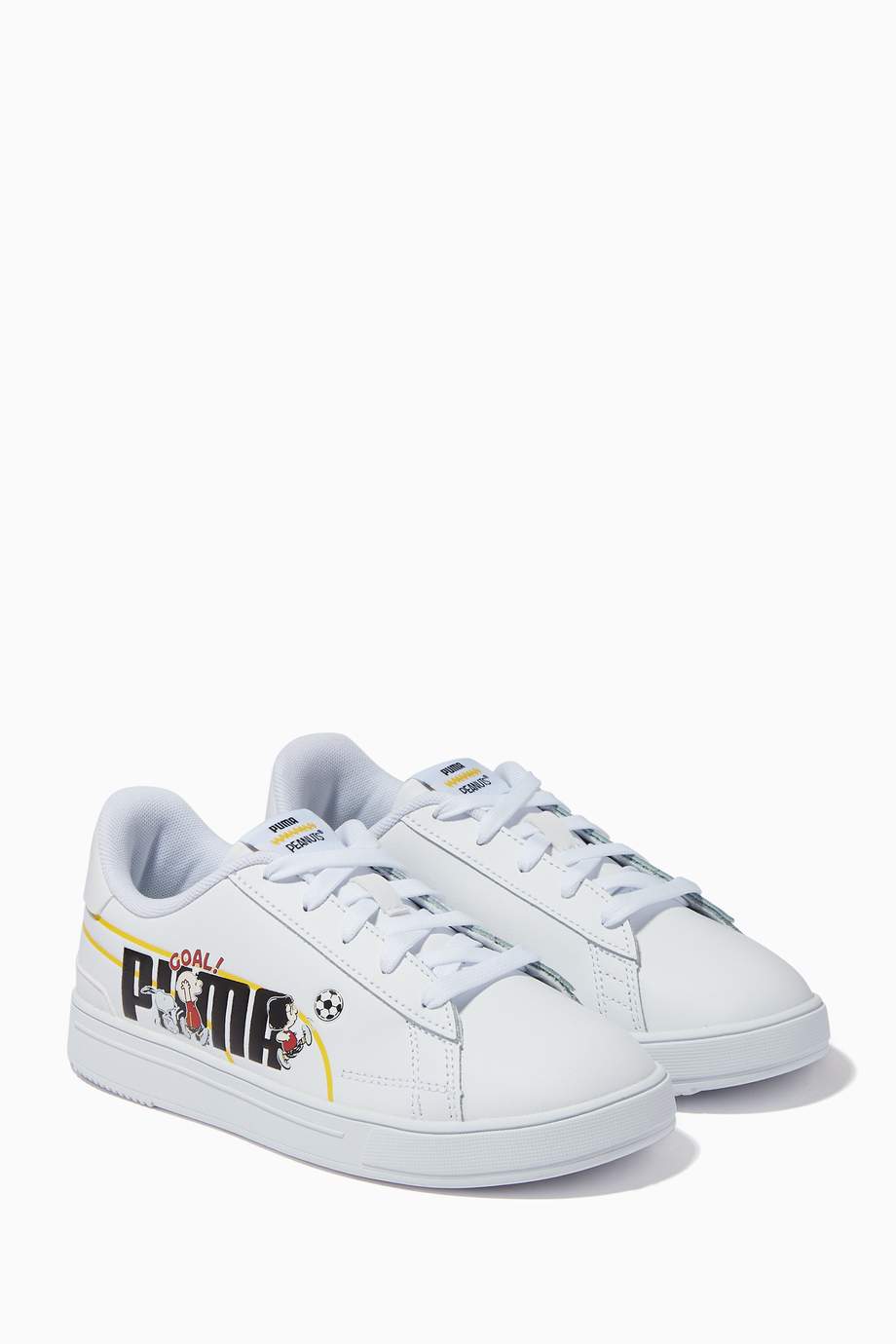 Shop Puma White x PEANUTS Serve Pro Sneakers in Leather for Kids ...