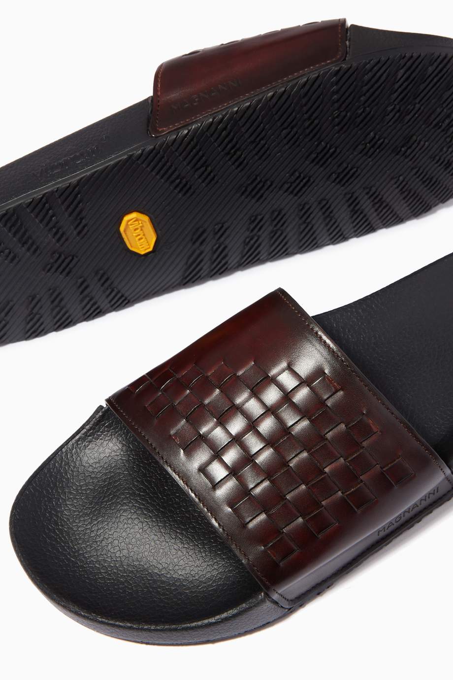Shop Magnanni Brown Playa Woven Slide Sandals in Leather for Men ...