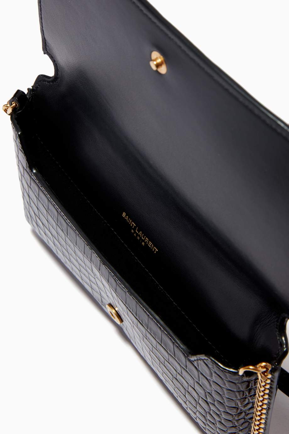 Shop SAINT LAURENT Black Cassandre Phone Holder with Strap in Shiny ...