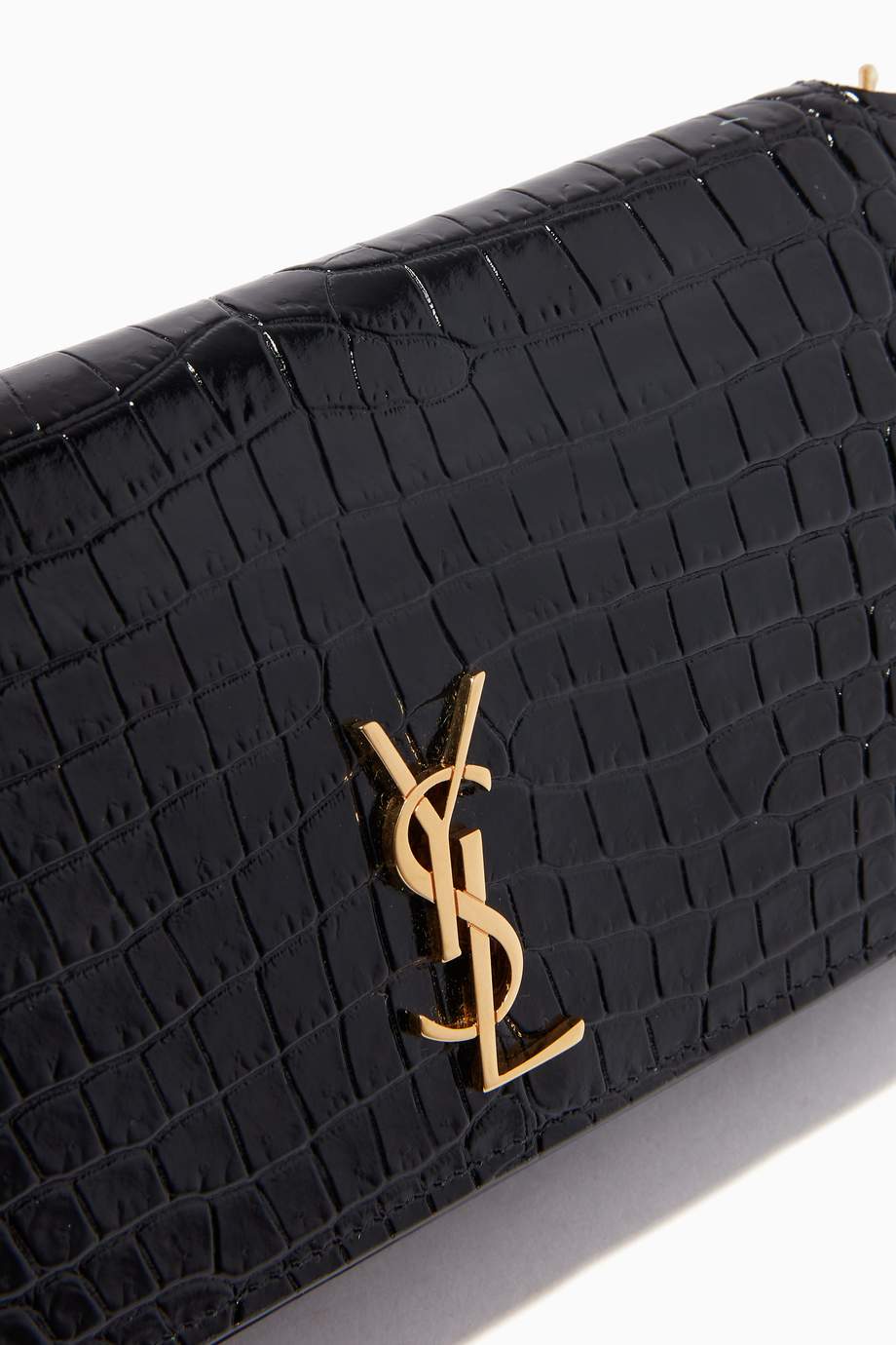 Shop SAINT LAURENT Black Cassandre Phone Holder with Strap in Shiny ...