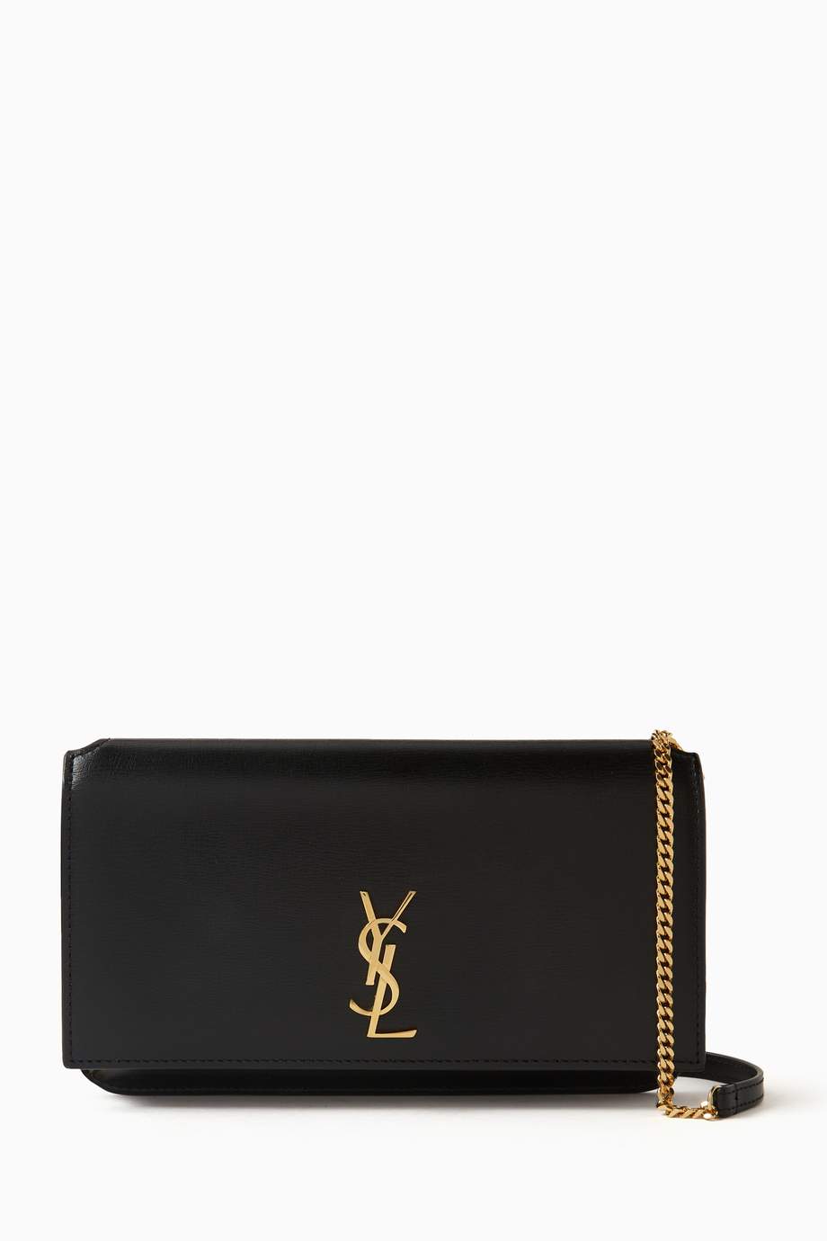Shop Saint Laurent Black Cassandre Phone Holder With Strap In Smooth Leather For Women Ounass