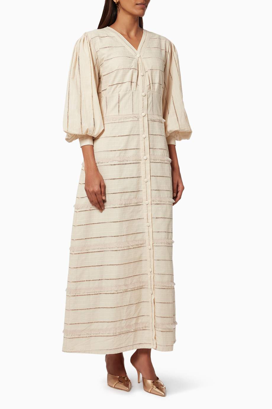 Shop Hashimi Neutral Embroidered Dress in Cotton Voile for Women ...