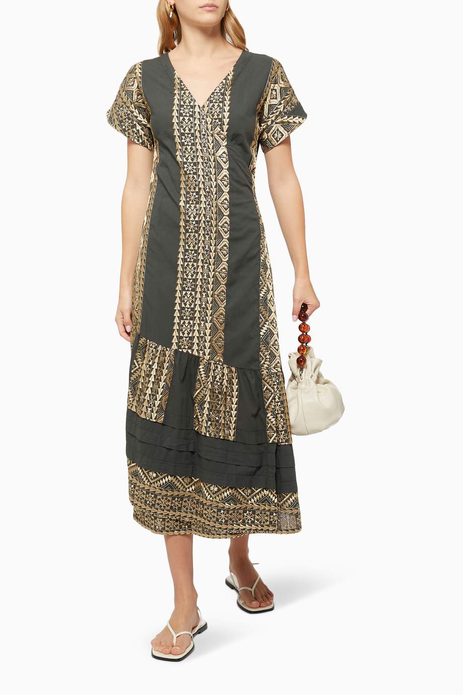 Shop Greek Archaic Kori Brown Contrast Embroidered Wrap Dress in Cotton ...