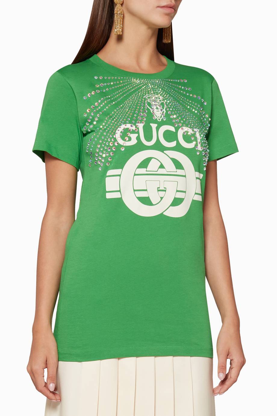 Shop Luxury Gucci Green Crystal-Embellished Printed T-Shirt | Ounass UAE