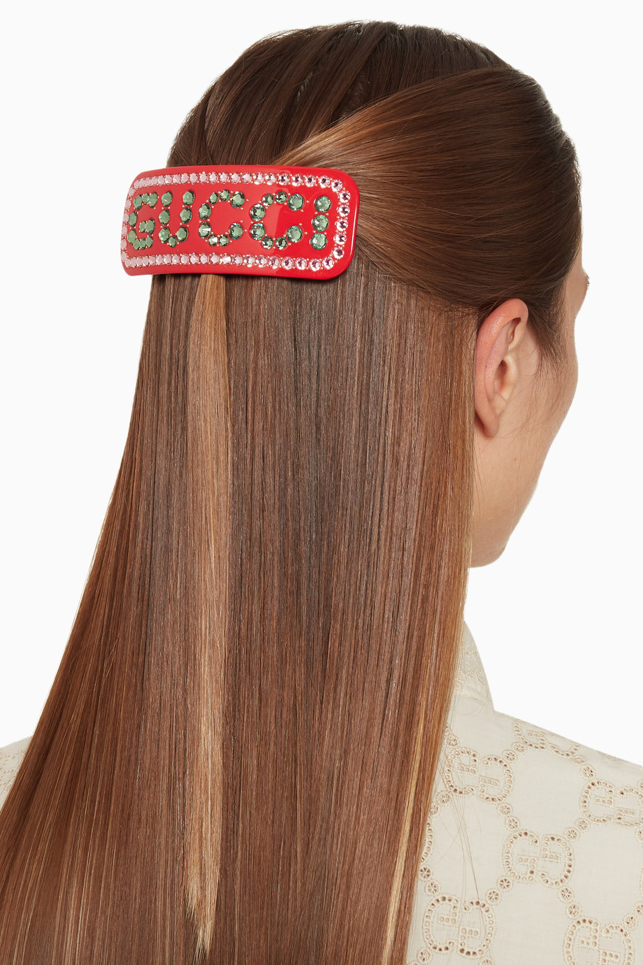 Shop Gucci Red Crystal-Embellished Logo Barrette for Women | Ounass UAE